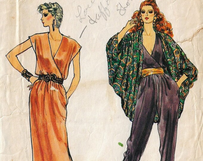 80s Womens Cocoon Jacket and Surplice Dress or Jumpsuit Vogue Sewing ...