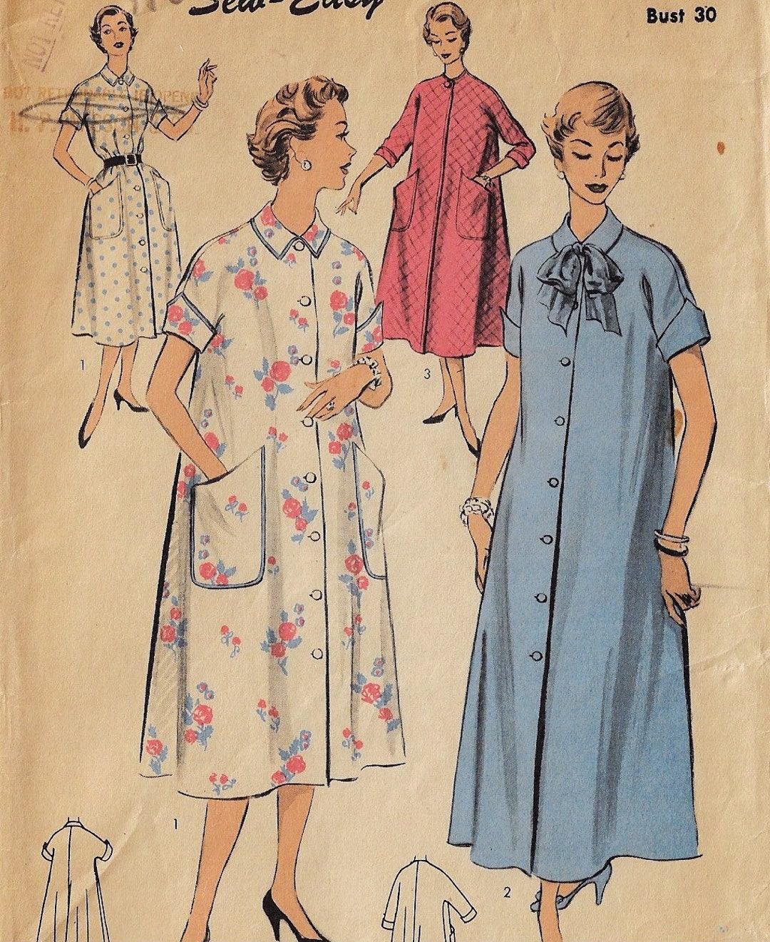 50s Womens Housecoat in 2 Lengths Advance Sewing Pattern 6736 Size 12 ...