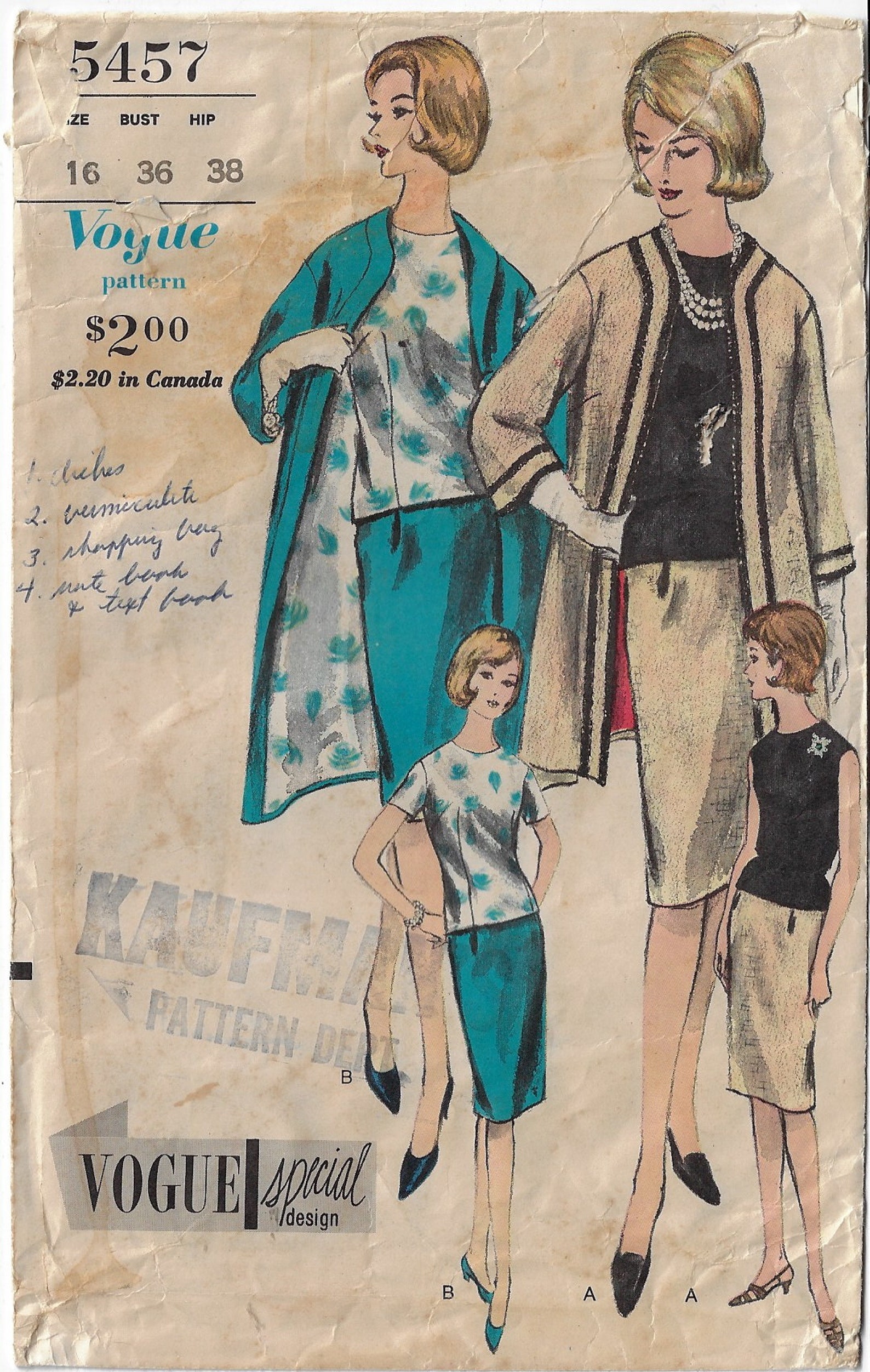 1960s Vogue Sewing Pattern 5457 Womens Coat in 2 Lengths, Blouse & Slim ...