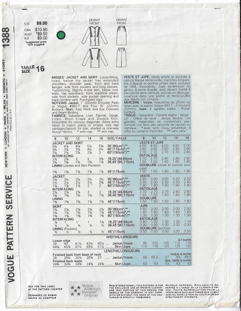 80s Joseph Picone Womens Jacket and Skirt Vogue Sewing Pattern - Etsy