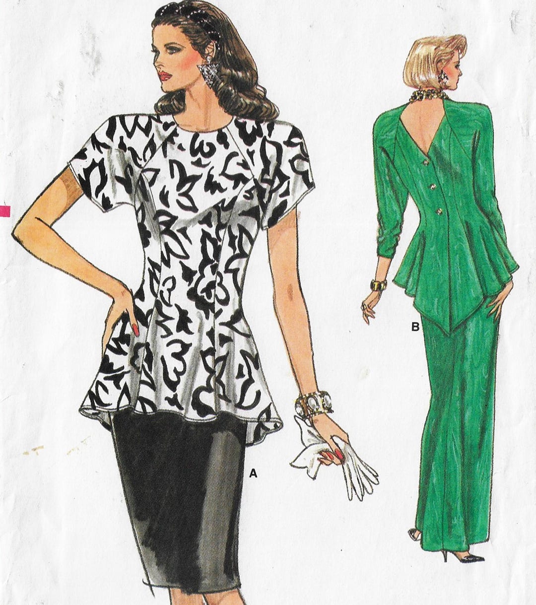80s Womens Peplum Top & Skirt Fishtail Hem Vogue Sewing Pattern 9937 ...