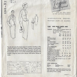 1950s Jacques Griffe Elegant Dress & Coat Vogue Sewing Pattern 1301 ...