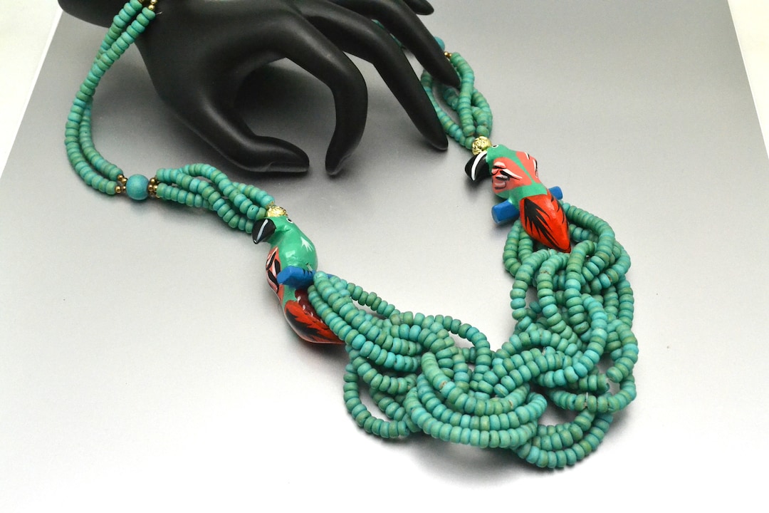 Vintage Wooden Bead Parrot Necklace Turquoise Colored Beads Bright ...