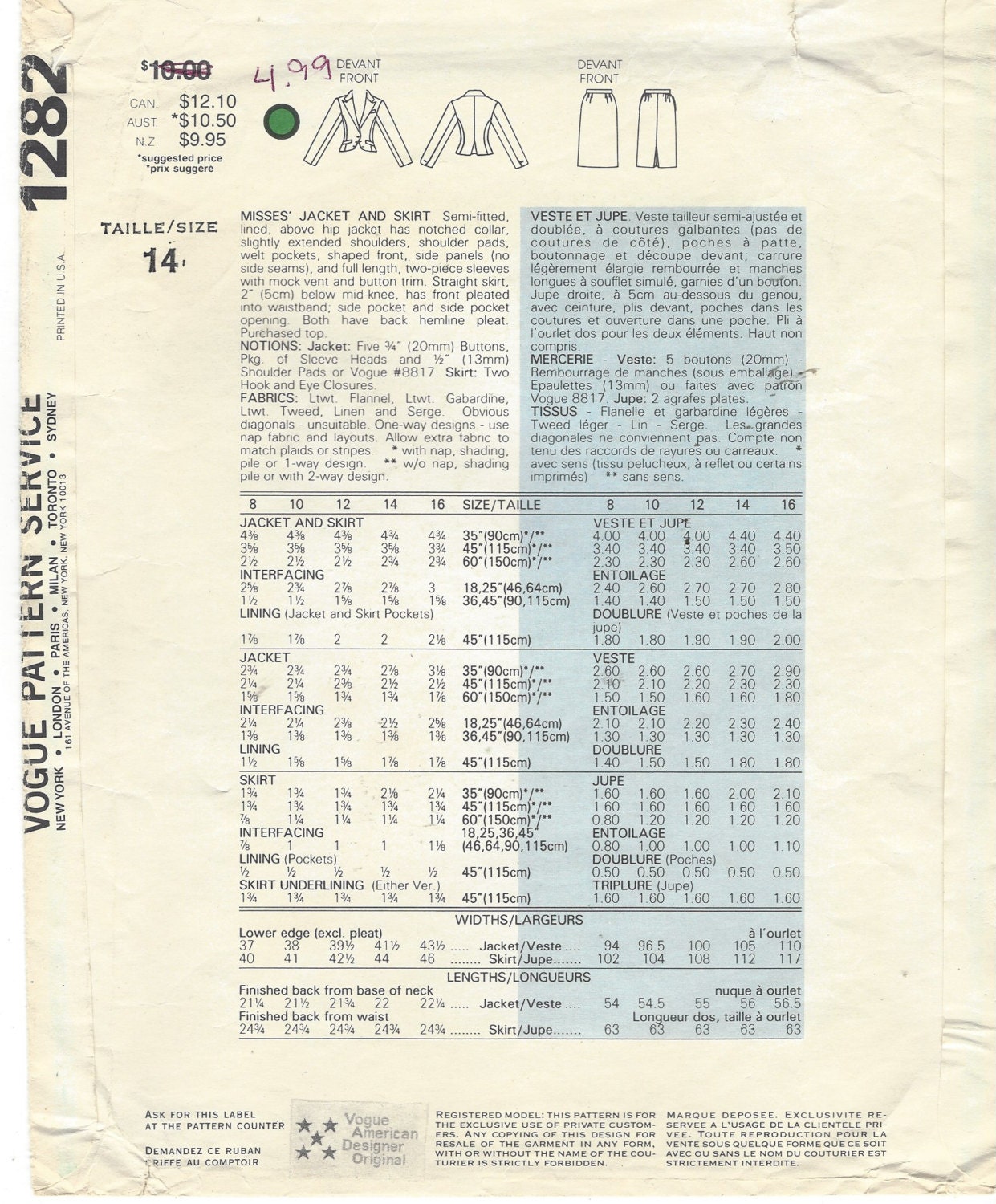 80s Bill Blass Above Hip Jacket & Skirt Vogue Sewing Pattern 1282 Size ...