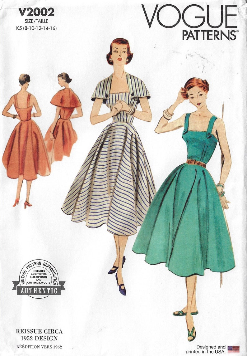 1950s Rockabilly Dress & Capelet Vogue Sewing Pattern V2002 Size 8 10 ...