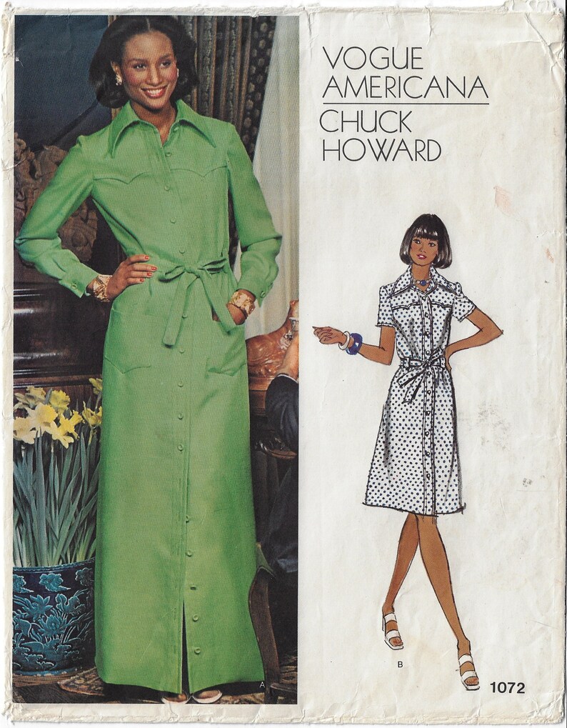 1970s Chuck Howard Yoked Shirtdress Vogue Sewing Pattern 1072 Size 12 ...
