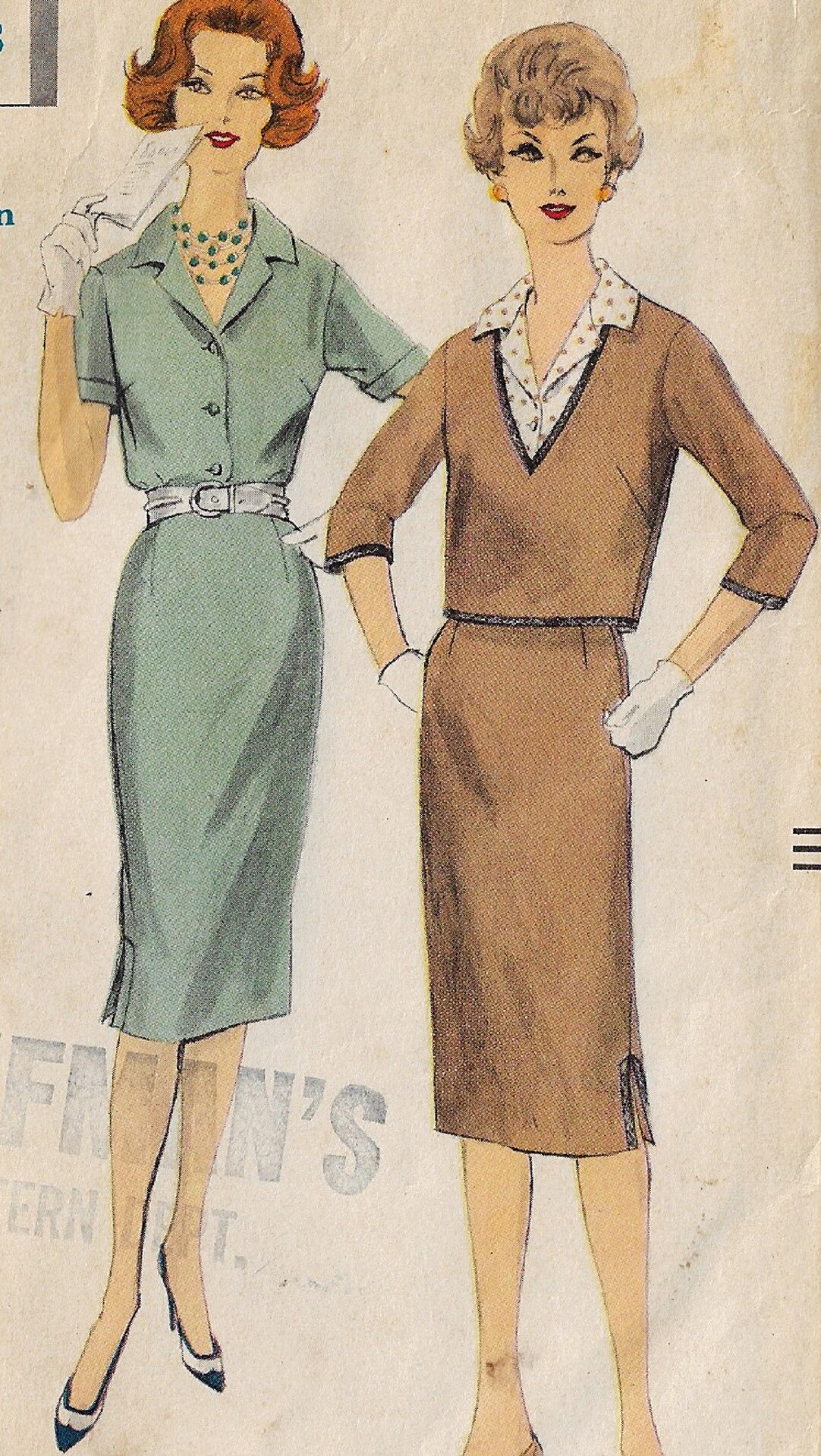 1950s Womens Two Piece Dress and Blouse V Neckline Vogue Sewing Pattern ...