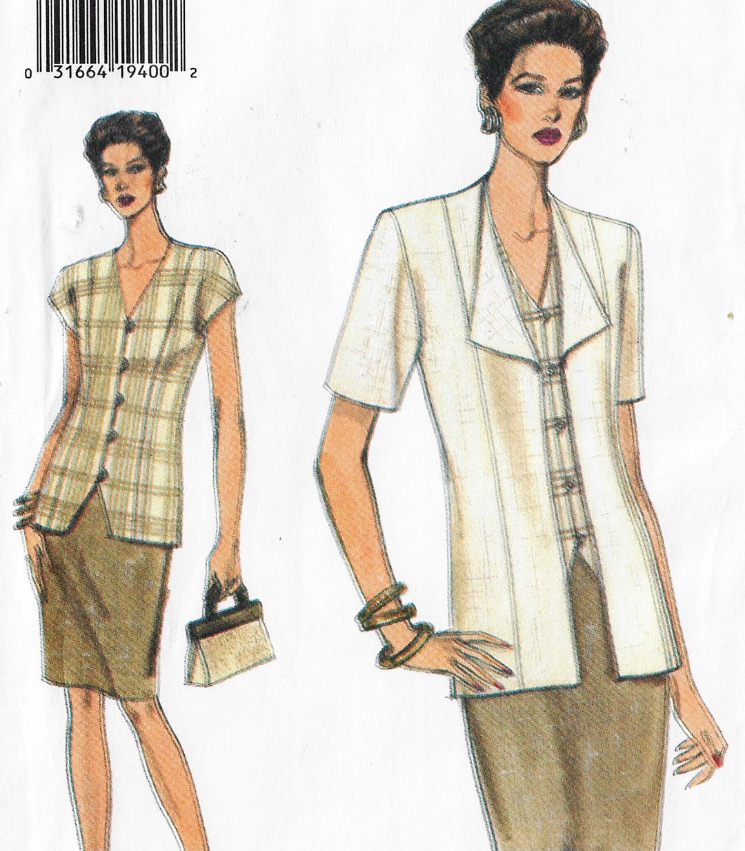 90s Short Sleeved Jacket, Top & Pencil Skirt Vogue Sewing Pattern 9008 ...