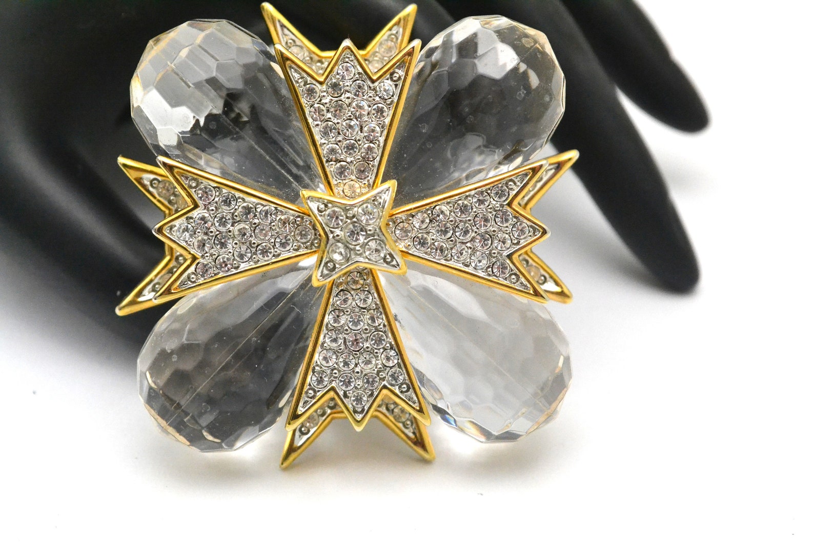 90s Kenneth Lane Brooch or Pendant Lucite and Rhinestone Maltese Cross ...