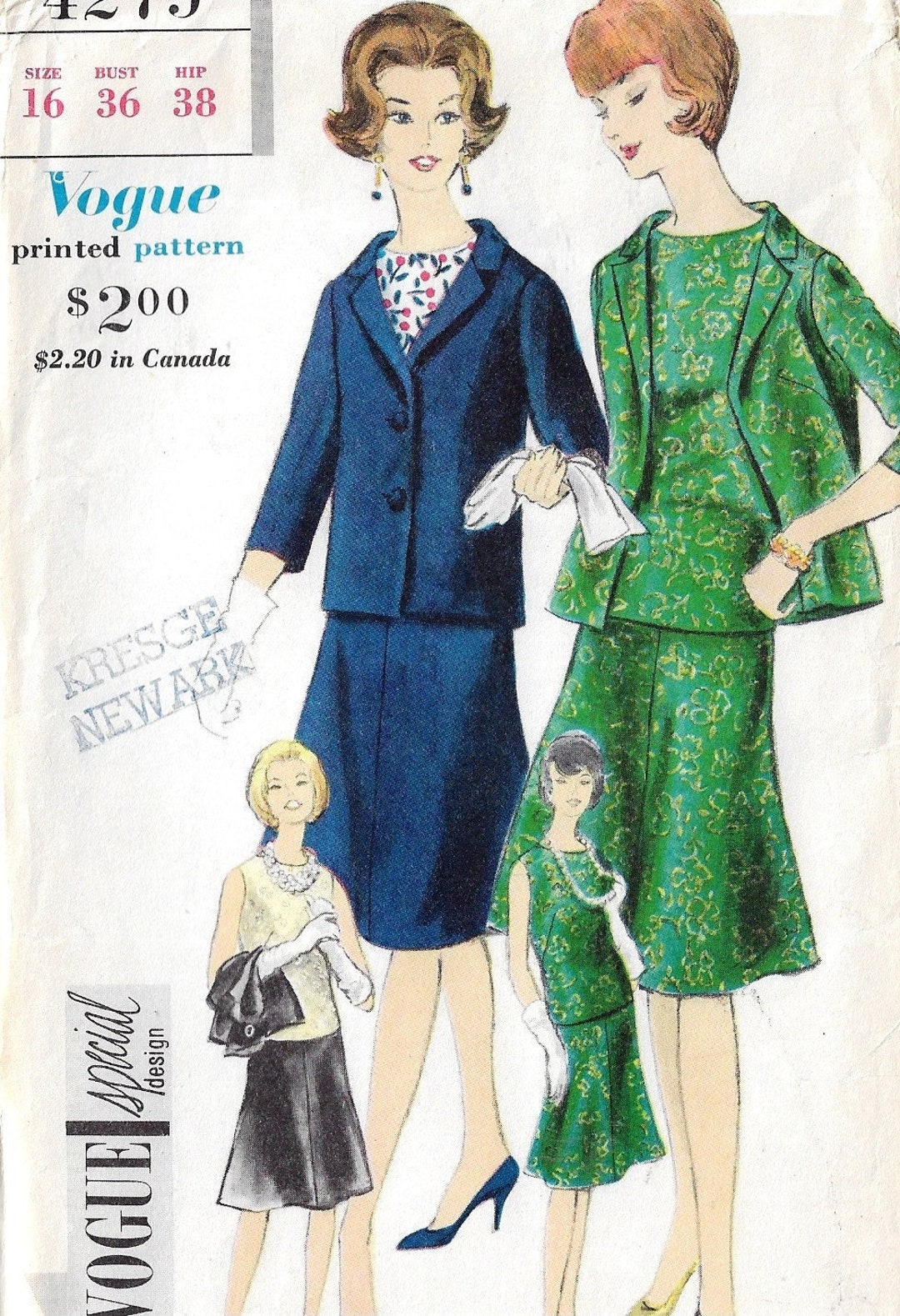 1960s Jacket, Skirt and Blouse Vogue Sewing Pattern 4279 Size 16 Bust ...