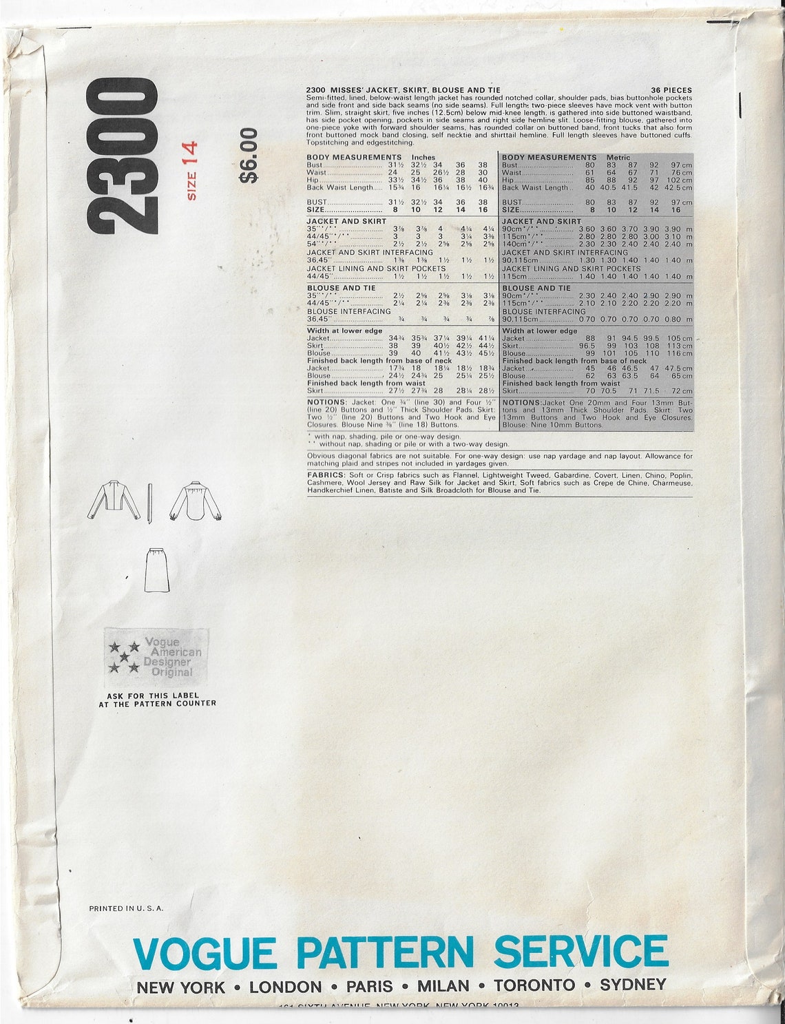 80s Don Sayres Jacket, Skirt, Blouse and Tie Vogue Sewing Pattern 2300 ...