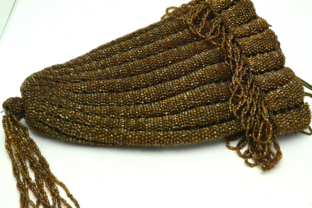 1920s Beaded Drawstring Flapper Purse Root Beer Colored Beads With ...