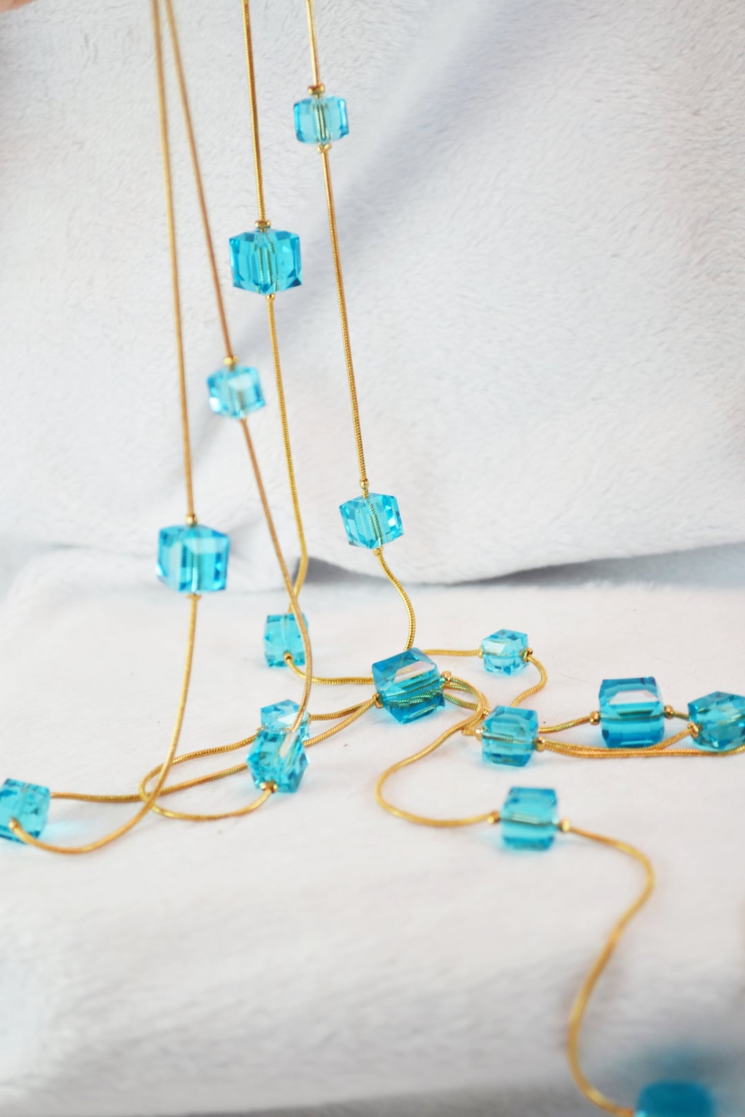 Sparkling Aqua Crystal Cubes and Gold Tone Snake Chain Necklace Opera ...