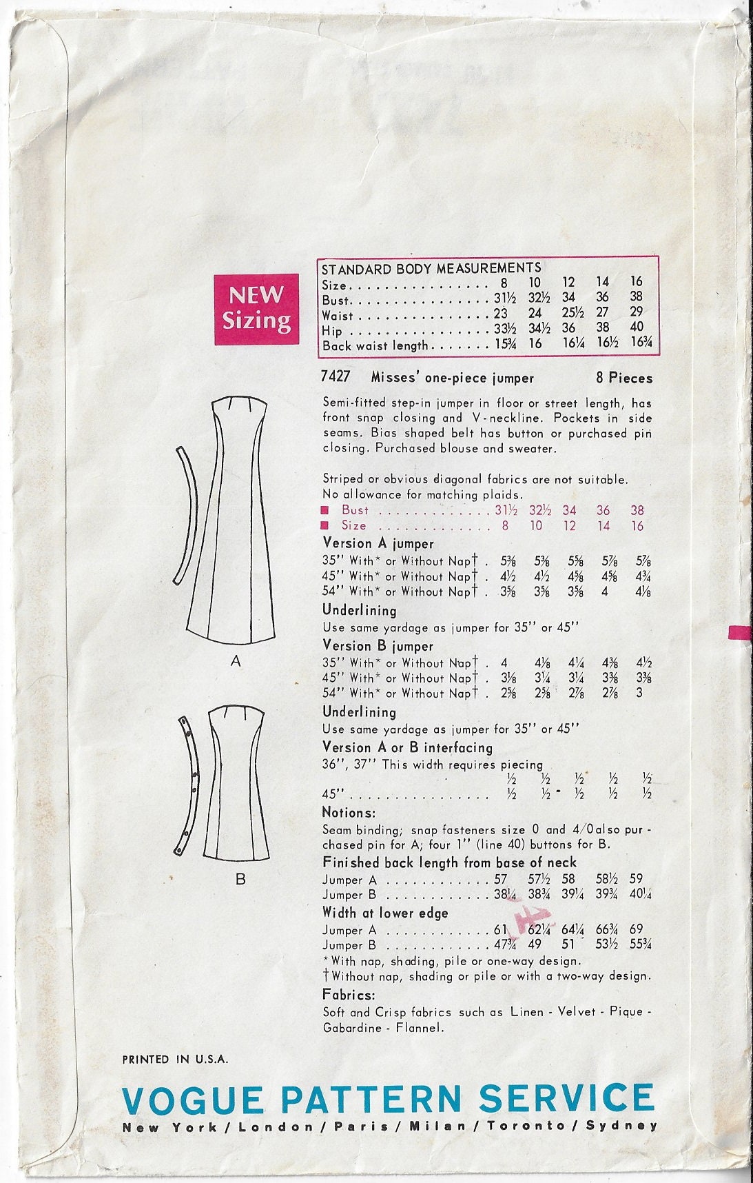 60s Womens One-piece Jumper & Belt Vogue Sewing Pattern 7427 Size 12 ...