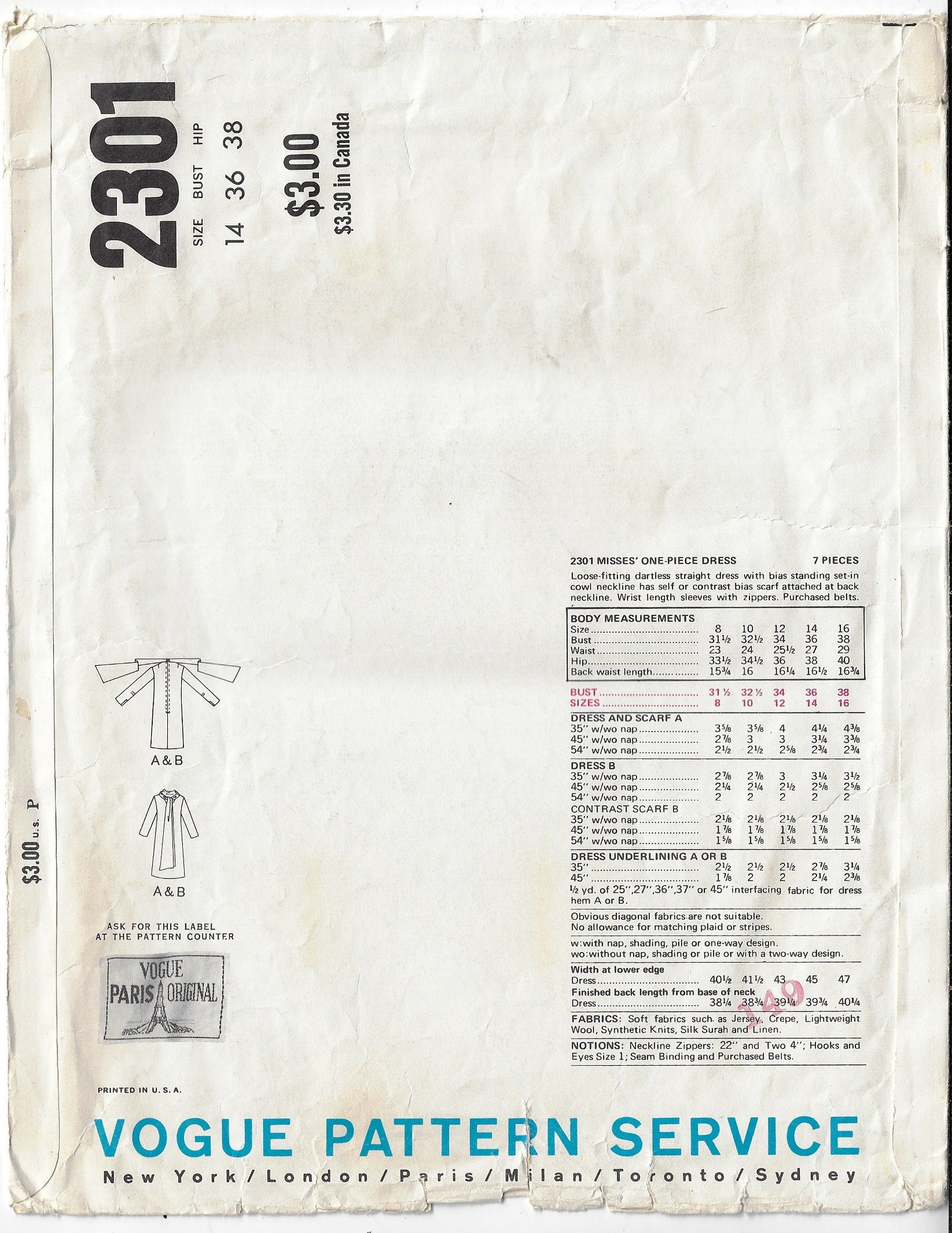 70s Guy Laroche One Piece Dress Vogue Sewing Pattern 2301 Size 14 Label ...