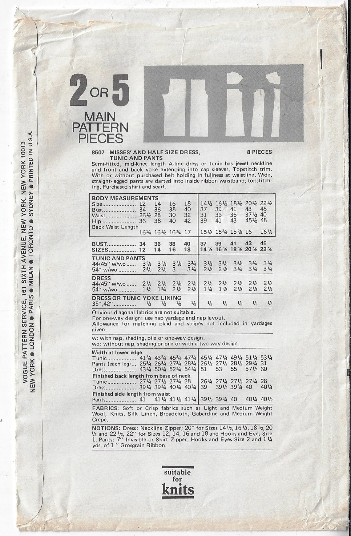 1970s Womens A Line Dress, Tunic and Pants Vogue Sewing Pattern 8507 ...