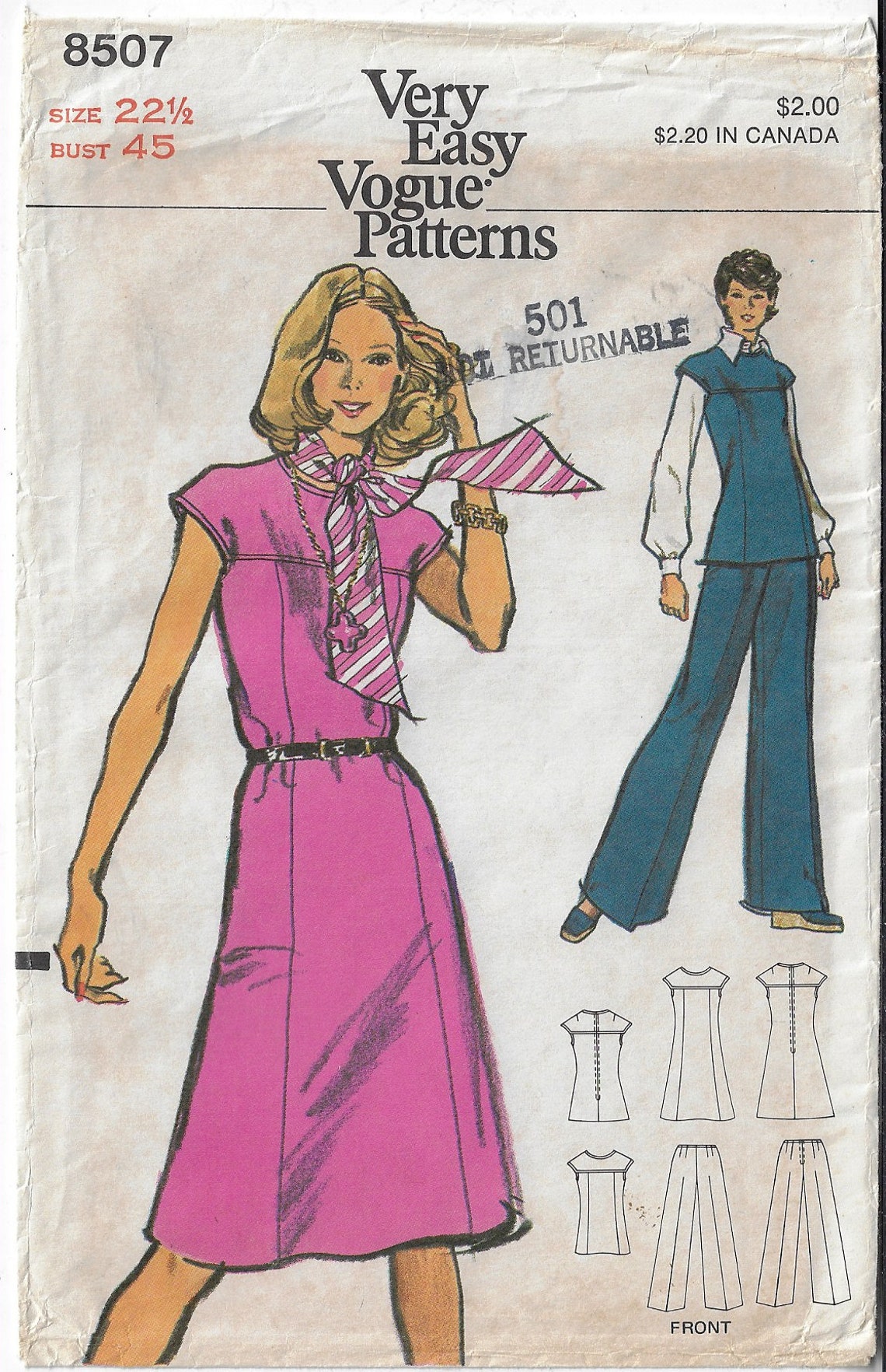 1970s Womens A Line Dress, Tunic and Pants Vogue Sewing Pattern 8507 ...