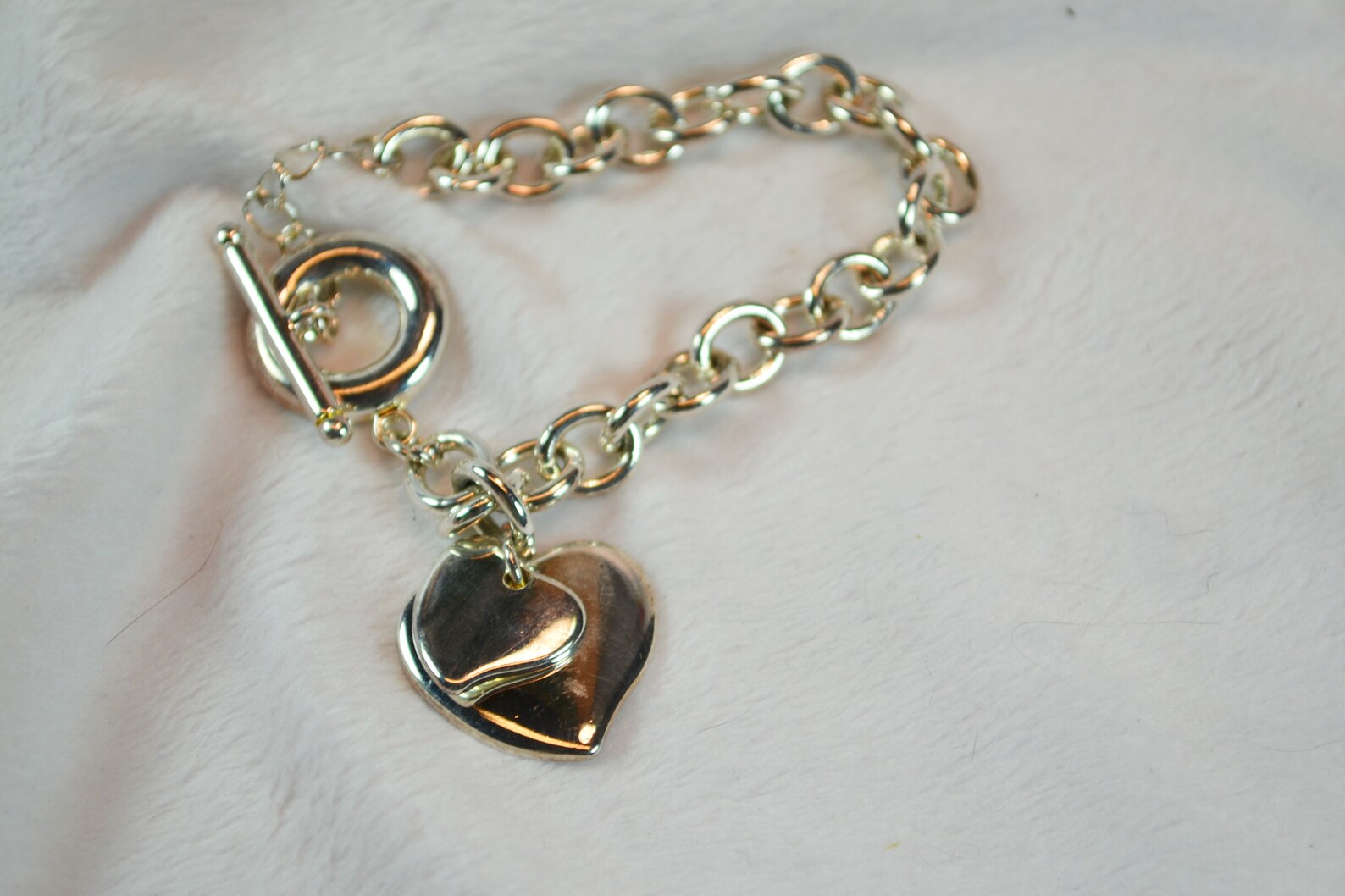 925 Silver Link Bracelet with Double Heart Charms Toggle | Etsy