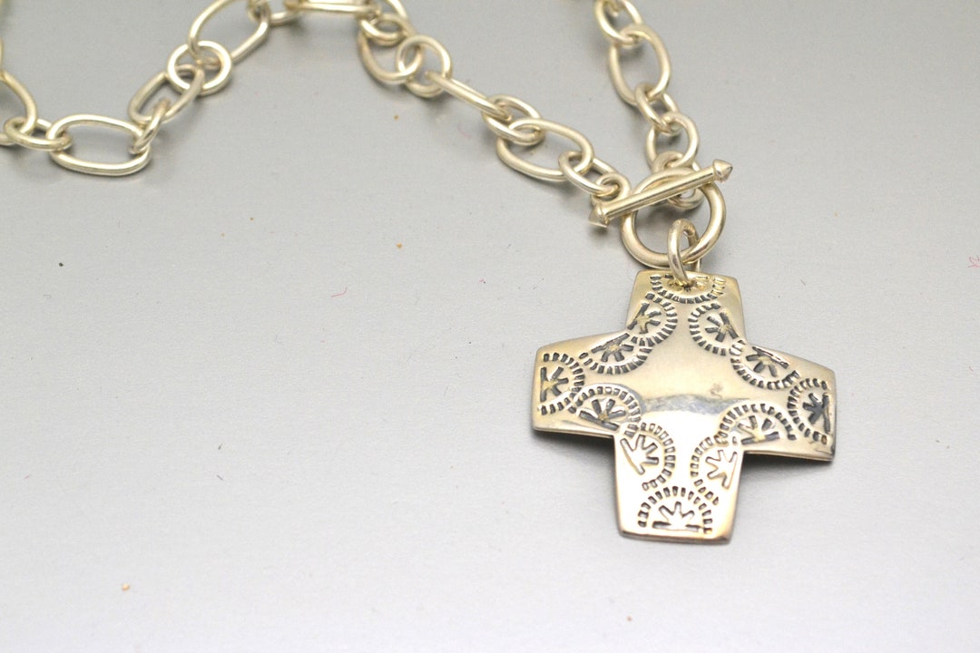 925 Silver Mexican Style Square Cross Necklace 17 Inch Large Open Chain ...