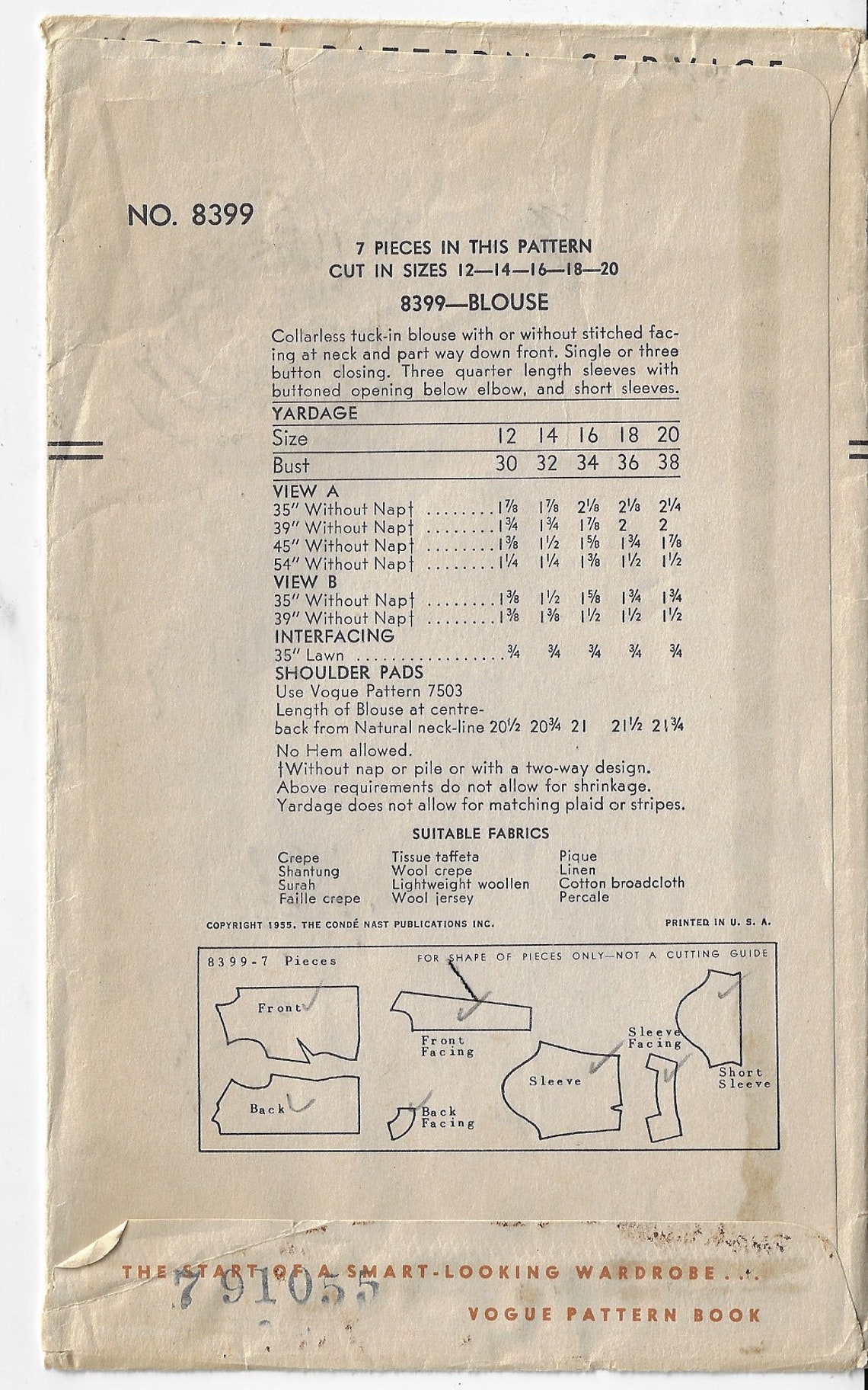 1950s Womens Collarless Blouse in 2 Styles Vogue Sewing Pattern 8399 ...