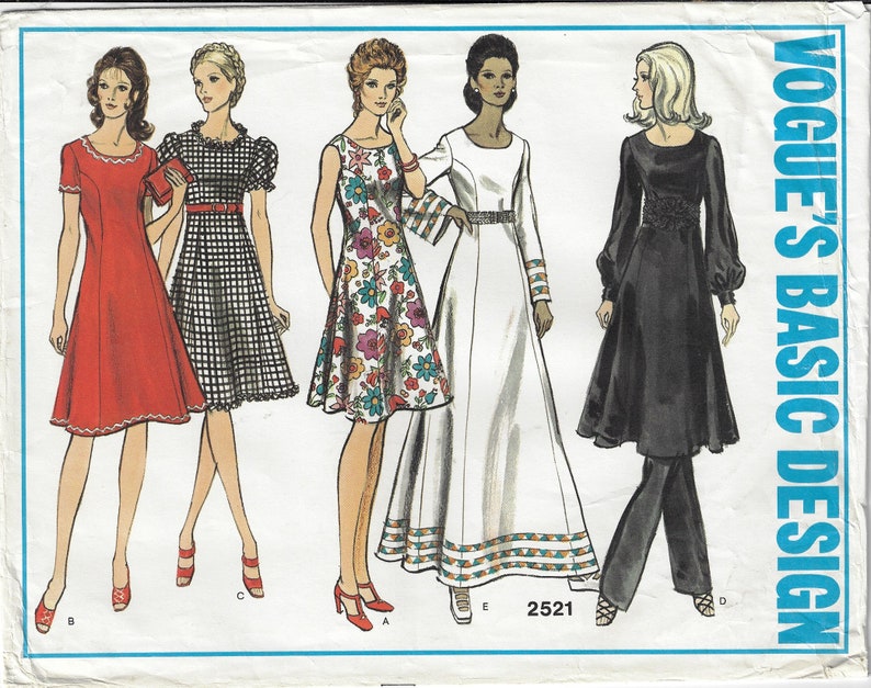 1970s Womens Princess Seam Dress With Variations and Pants Vogue Sewing ...