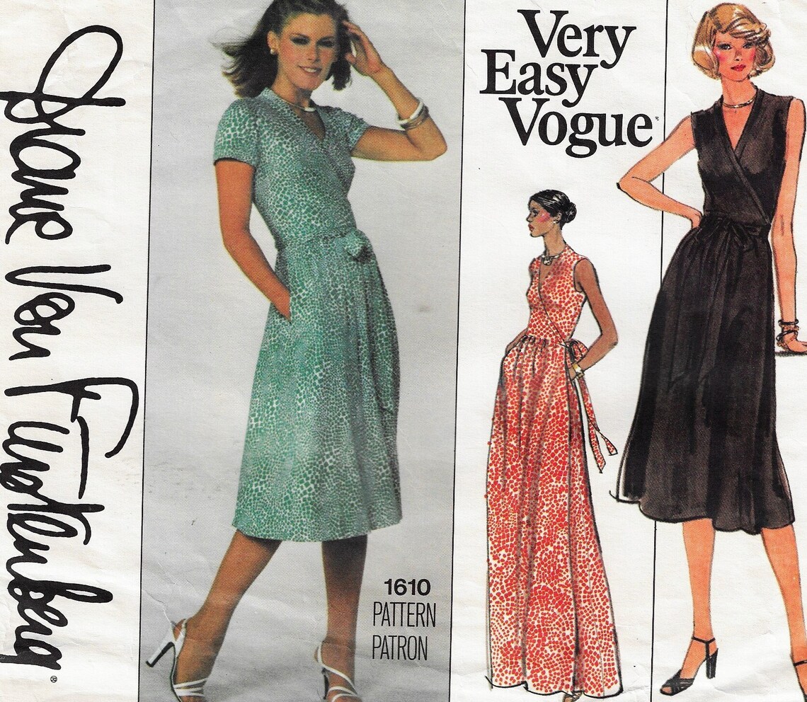 1970s DVF Wrap Dress Vogue Sewing Pattern 1610 Size 8 Bust 31 1/2 Label ...