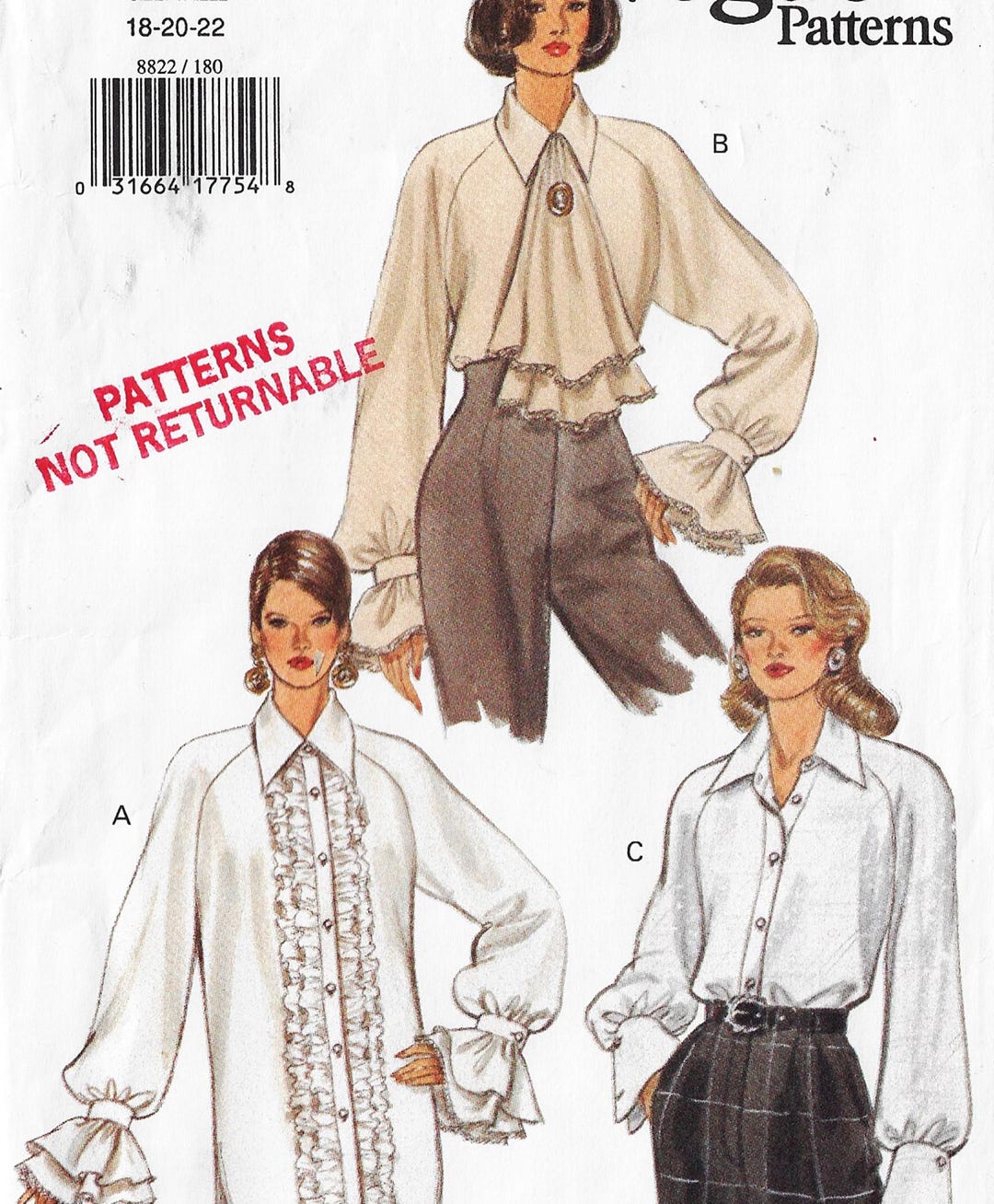 90s Womens Romantic Blouses With Variations Vogue Sewing Pattern 8822 ...