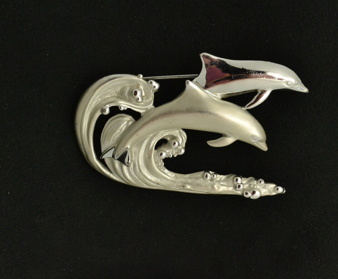 Vintage AJC Brooch Two Dolphins in the Waves Silver Tone Lapel Pin ...