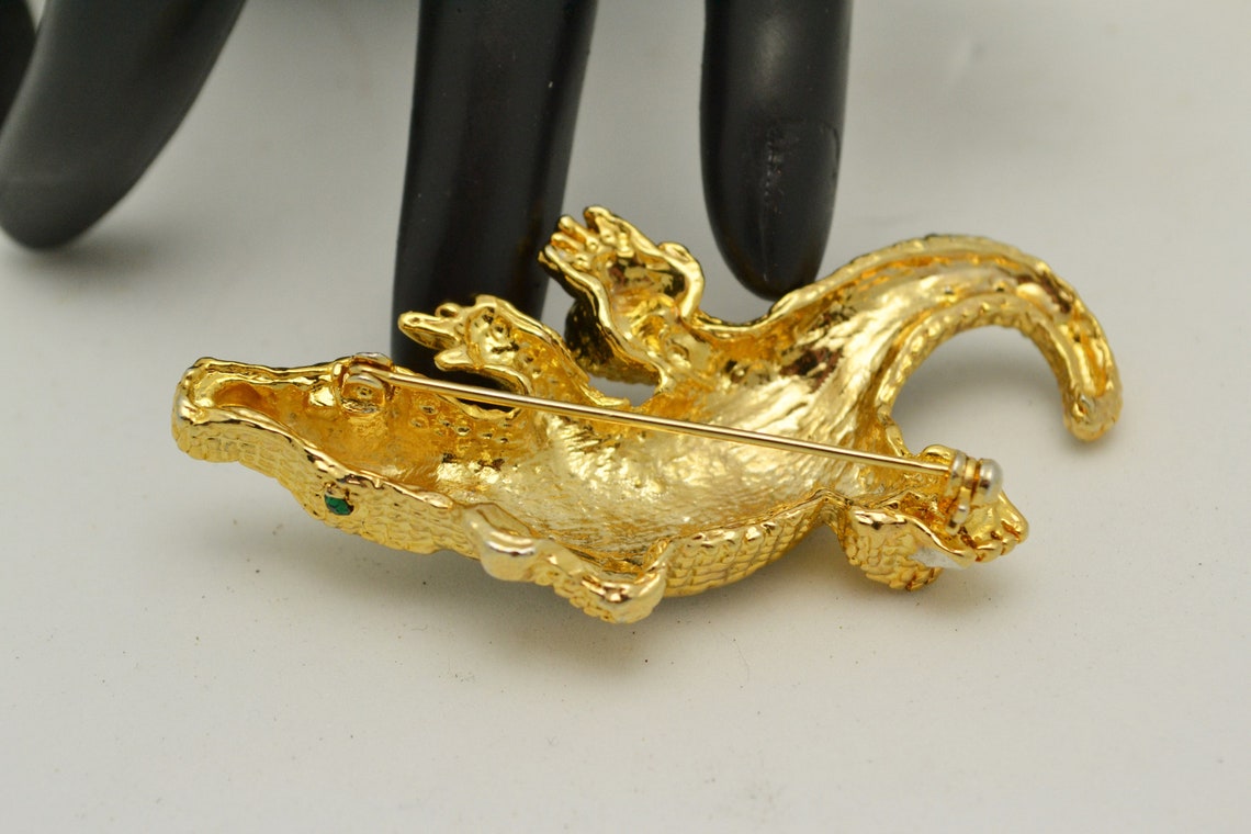 Vintage Alligator Brooch With Rhinestones & Green Eyes Gold - Etsy