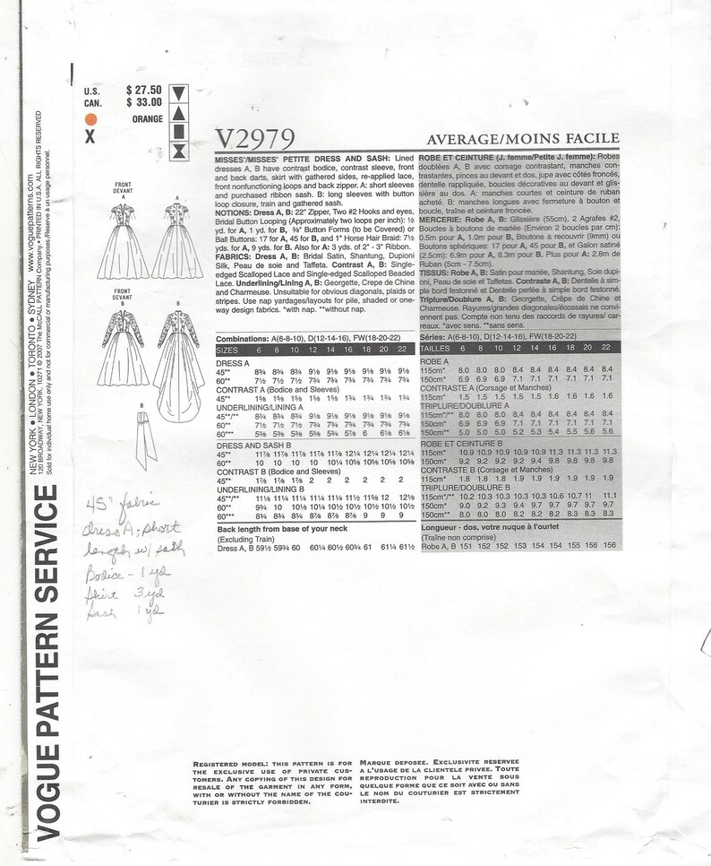 Vogue Bridal Original Sewing Pattern V2979 Womens Princess - Etsy