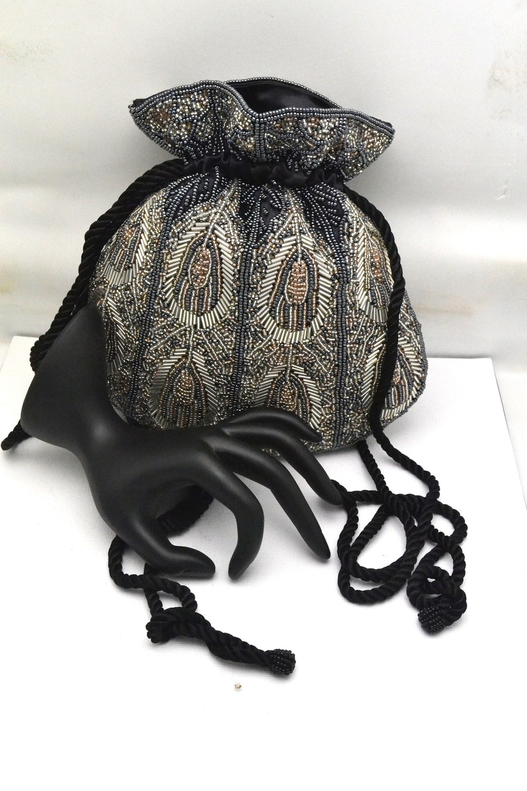Boho Beaded Drawstring Purse Cinch Bag Silver Tone Peacock Feather ...