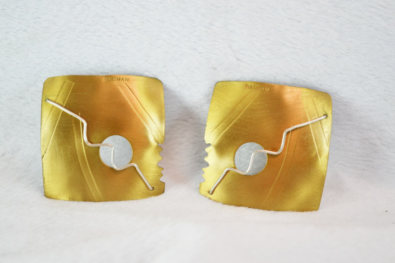 80s David Badman Modernist Mixed Metal Pierced Earrings Gold & - Etsy