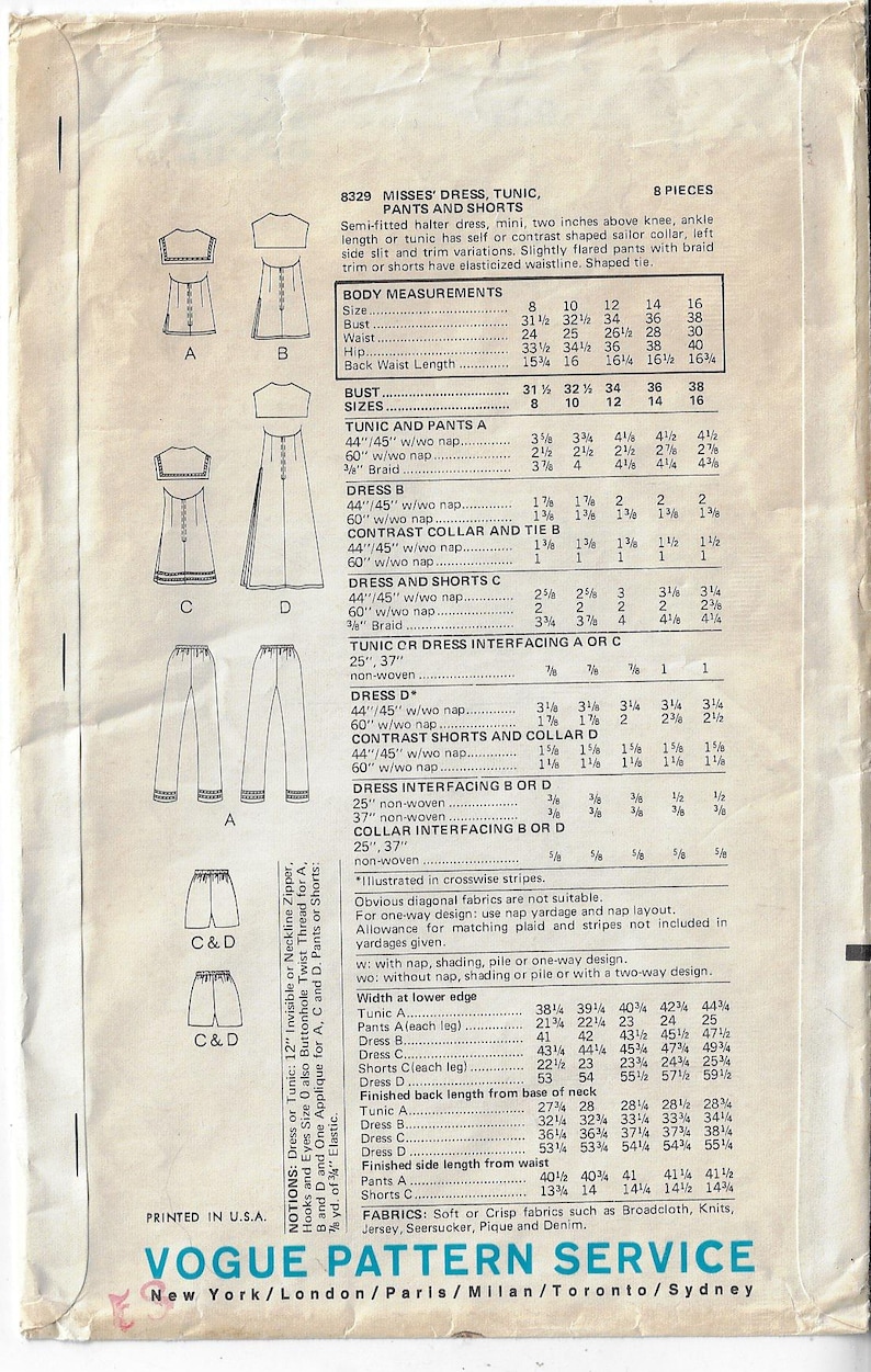 70s Sailor Style Halter Dress or Tunic, Pants & Shorts Vogue Sewing ...