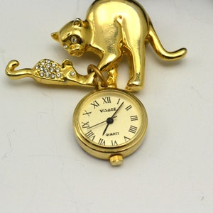 Vintage Cat and Mouse Brooch With Hanging Quartz Watch Gold Tone Metal ...