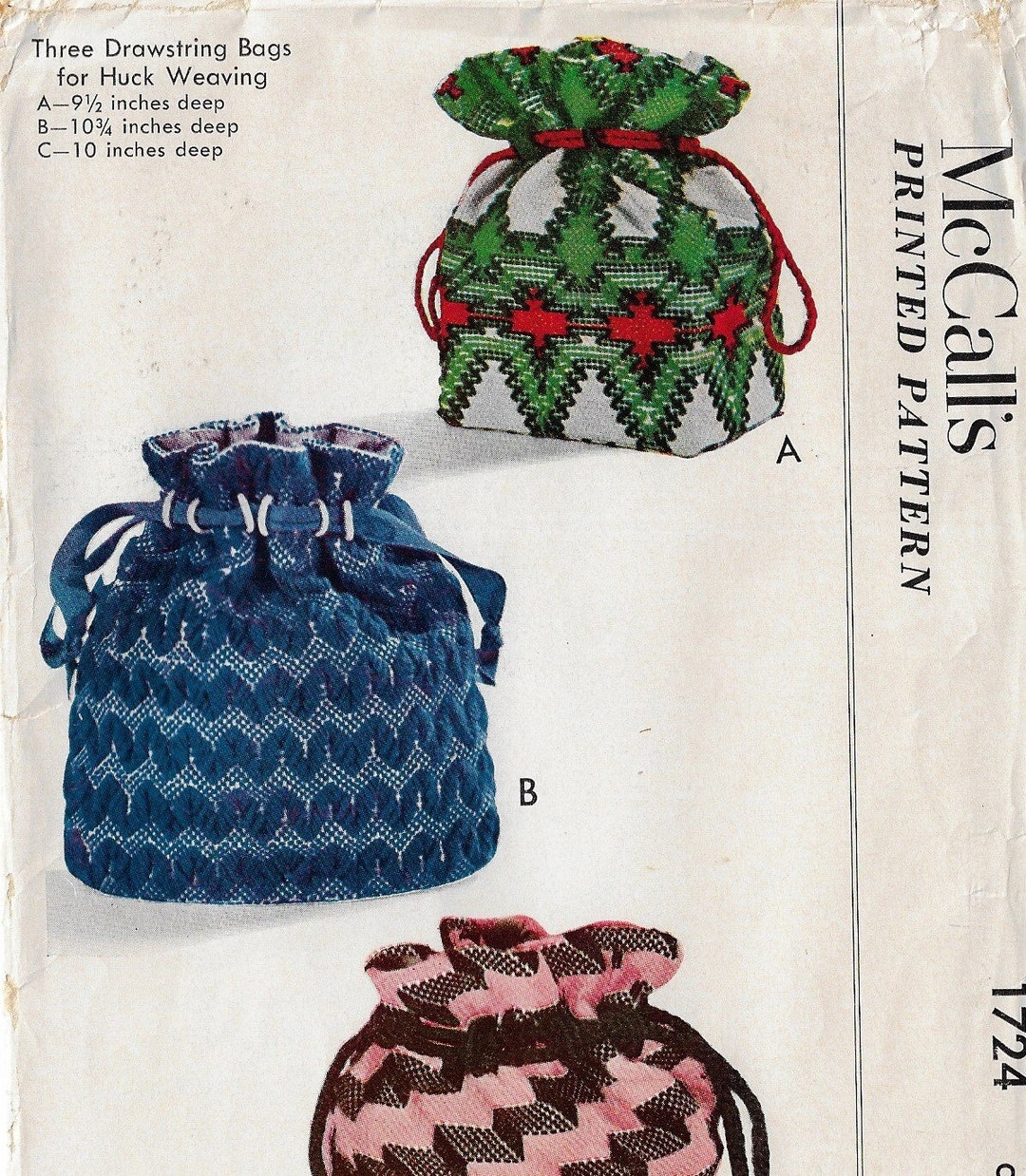 50s Three Drawstring Bags for Huck Weaving Mccalls Sewing Pattern 1724 ...