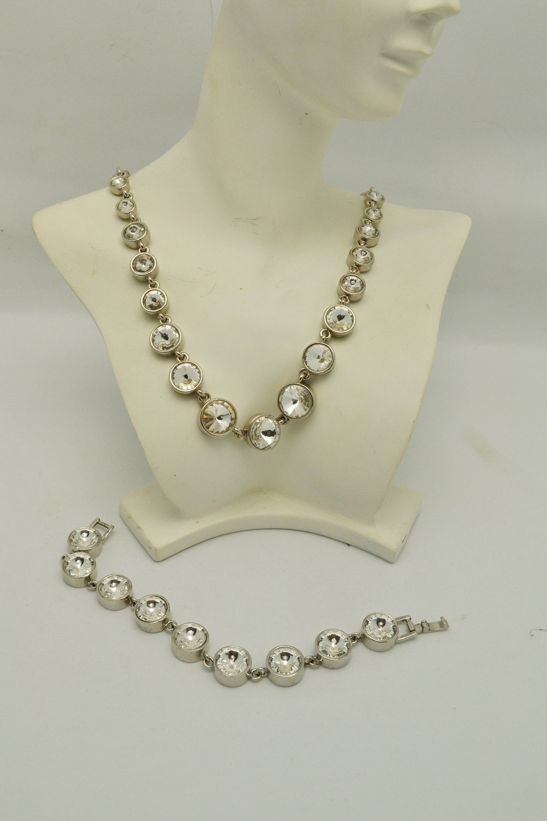 Vintage Demi Parure Bezel Set Graduated Rhinestone Necklace With ...