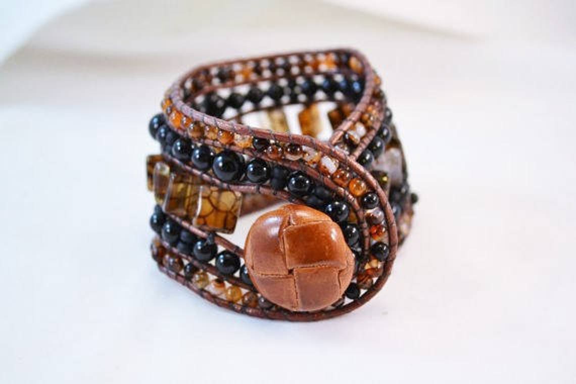 OOAK Handmade Boho Leather Wrap Statement Cuff Moss Agate | Etsy