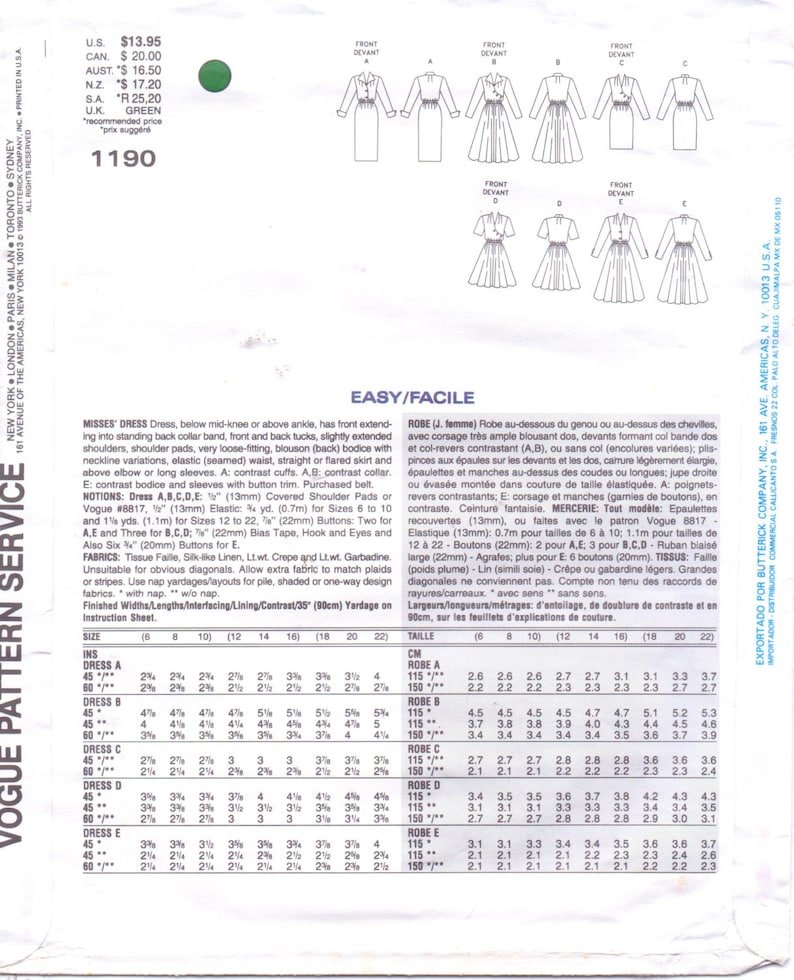 90s Dress With Asymmetrical Bodice Vogue Sewing Pattern 1190 Size 12 14 ...