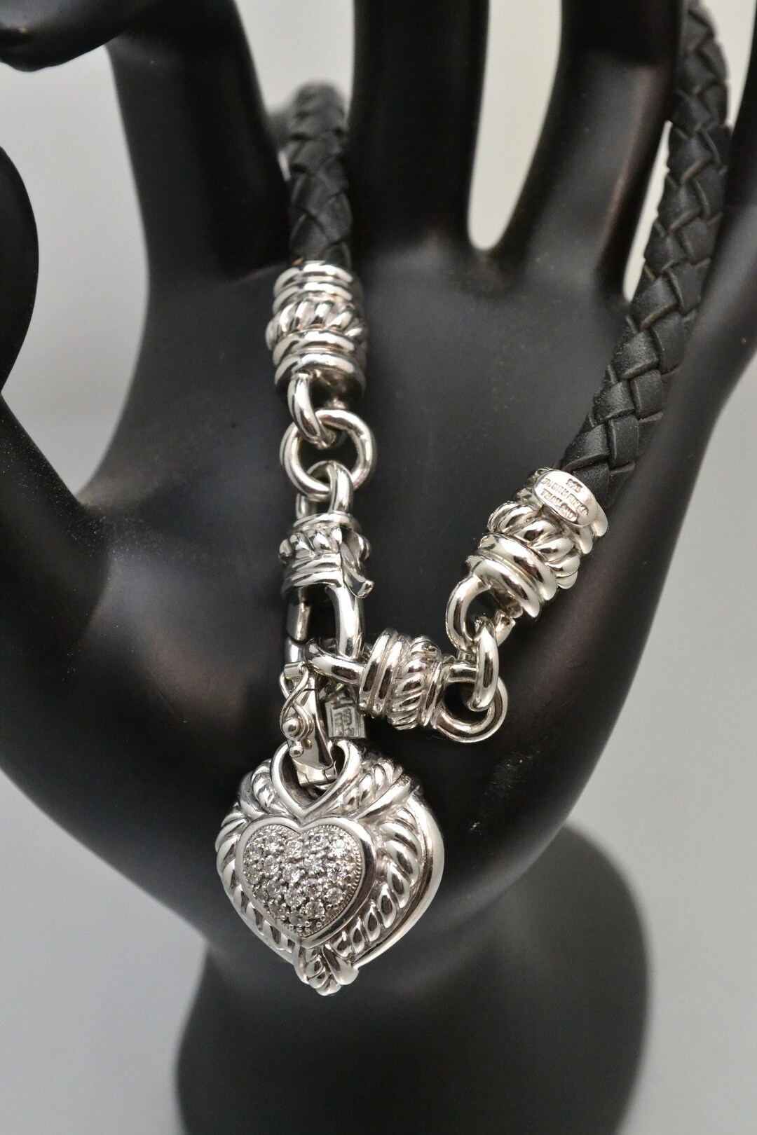 Vintage Judith Ripka 925 & CZ Heart Pendant on Braided Leather Rope ...