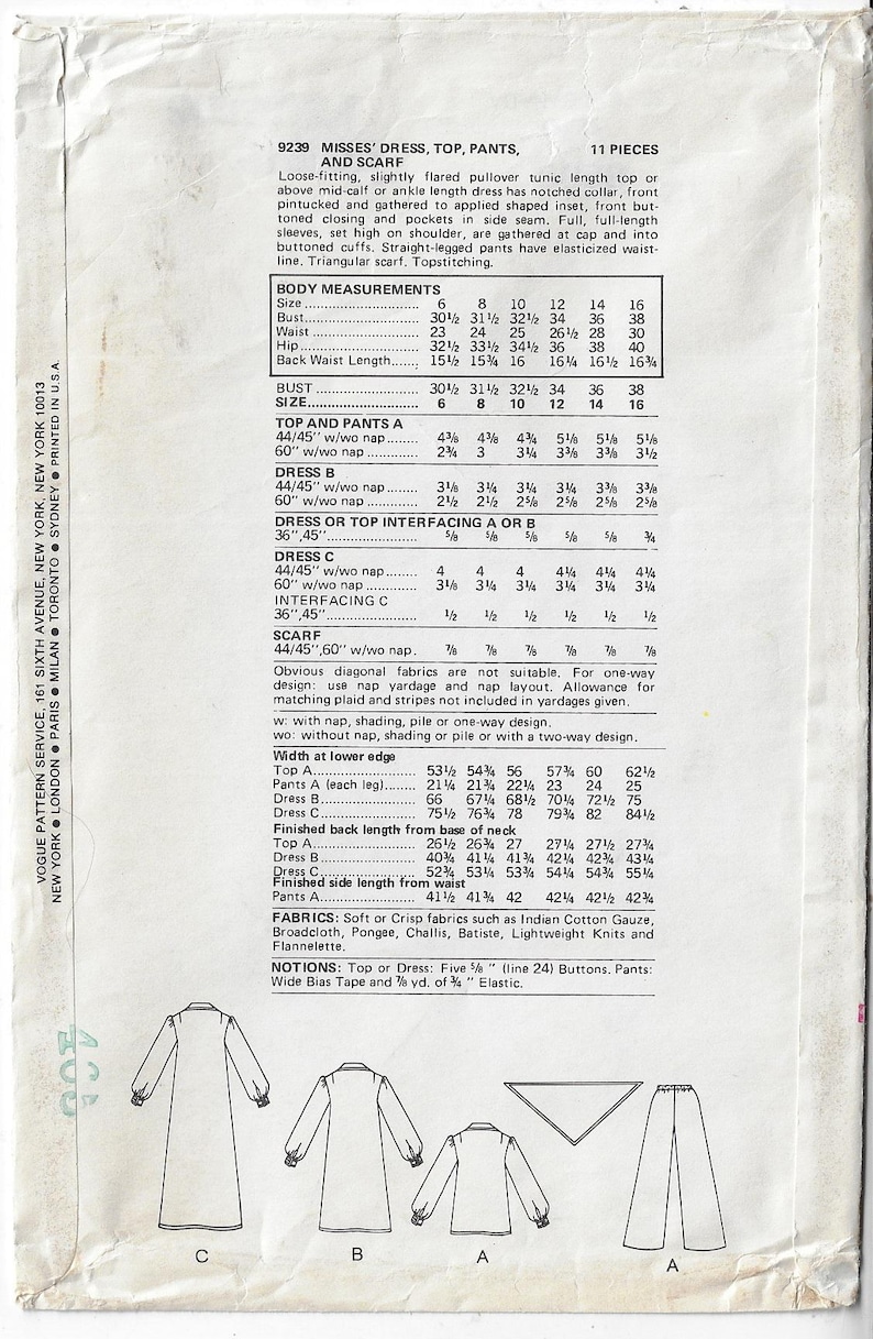 1970s Boho Hippie Dress or Tunic & Pants Vogue Sewing Pattern 9239 Size ...