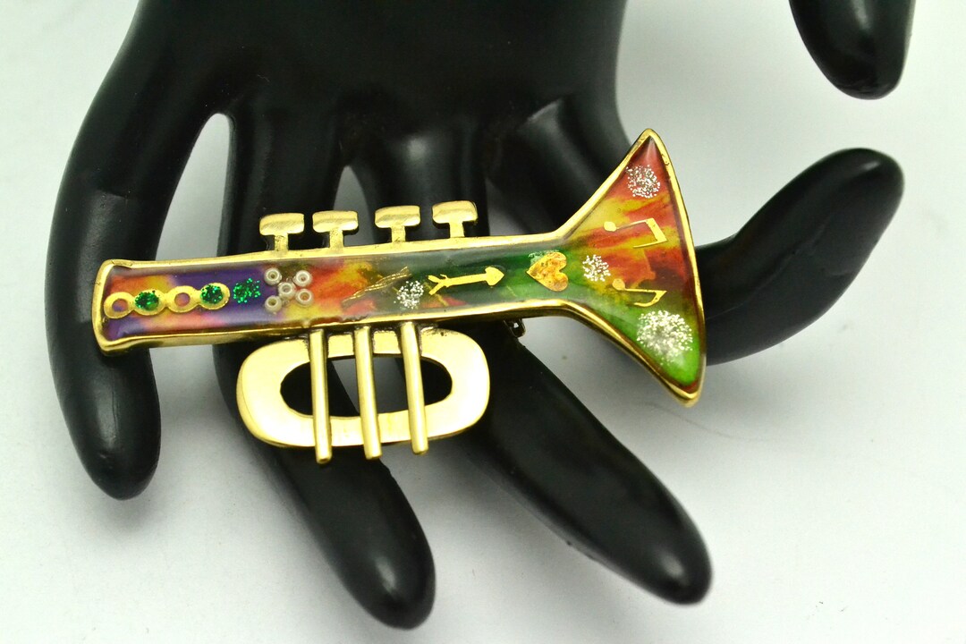 Vintage Trumpet Brooch Gold Tone Metal With Colorful Design - Etsy
