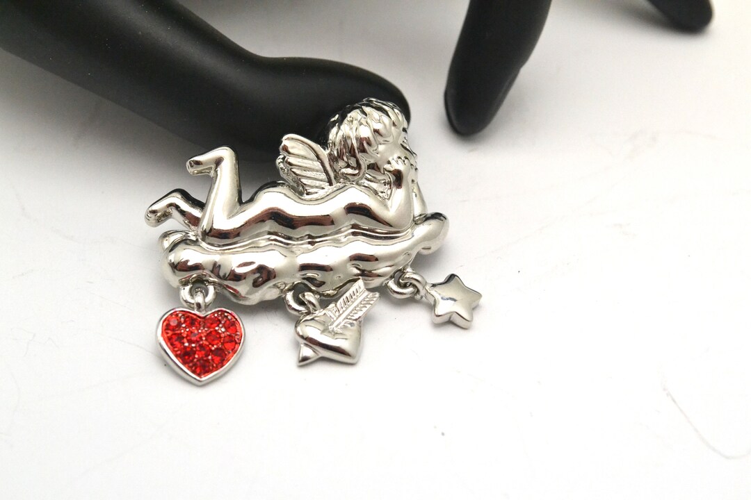 Sweet Cupid Brooch With 3 Dangling Charms Silver Tone Metal Perfect for ...