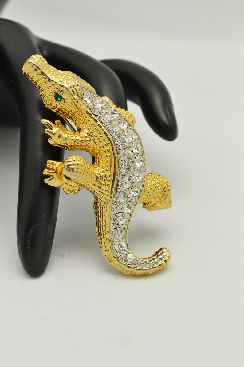 Vintage Alligator Brooch With Rhinestones & Green Eyes Gold - Etsy
