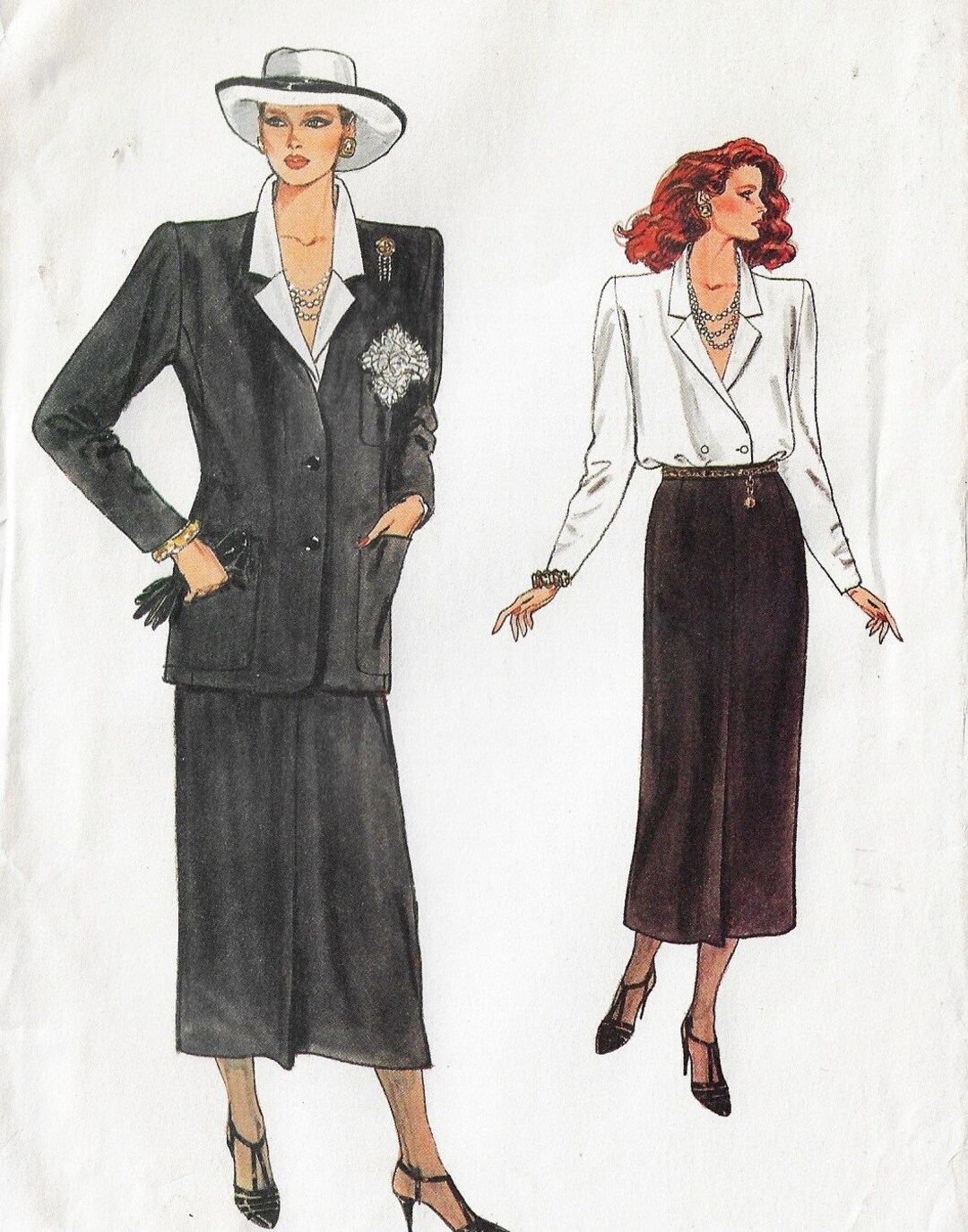 80s Womens Below Hip Jacket, Above Ankle Skirt & Blouse Vogue Sewing ...