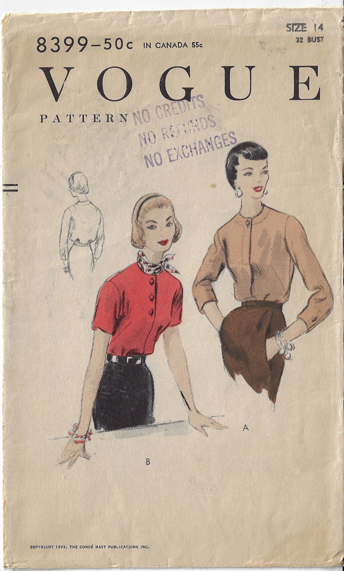 1950s Womens Collarless Blouse in 2 Styles Vogue Sewing Pattern 8399 ...