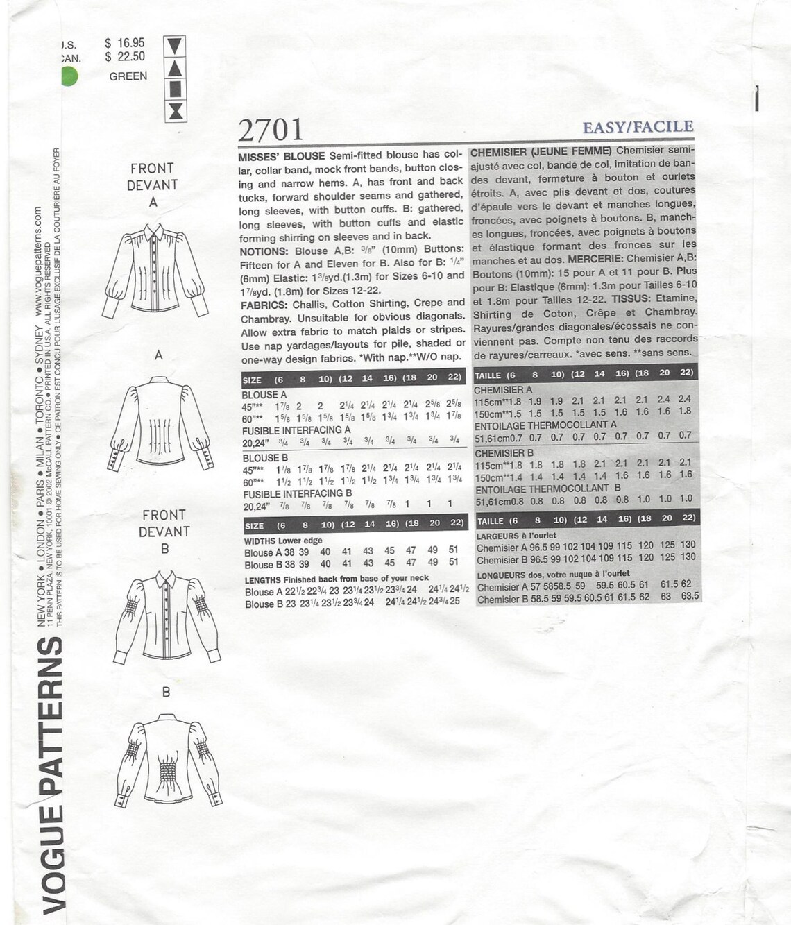 Womens Set of Blouses Vogue Sewing Pattern 2701 Size 12 14 16 - Etsy