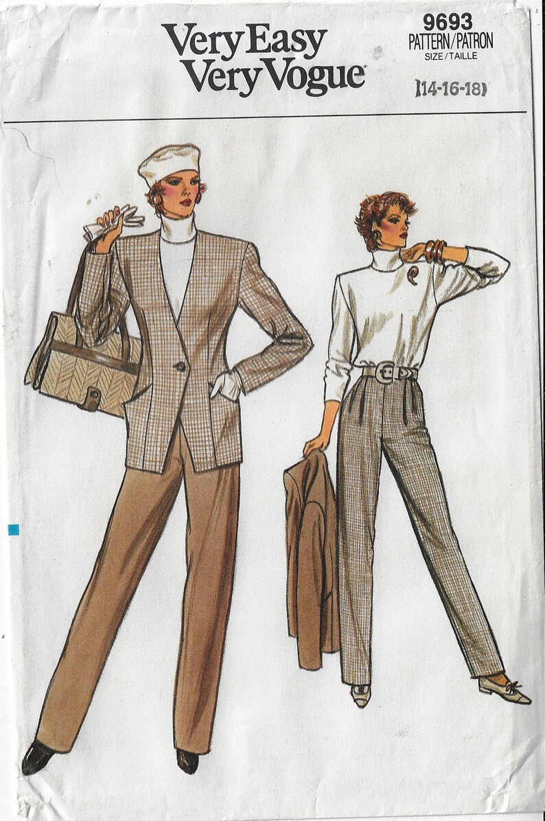 80s One Button Jacket, Pants & Top Vogue Pattern 9693 Size 14 16 18 FF ...