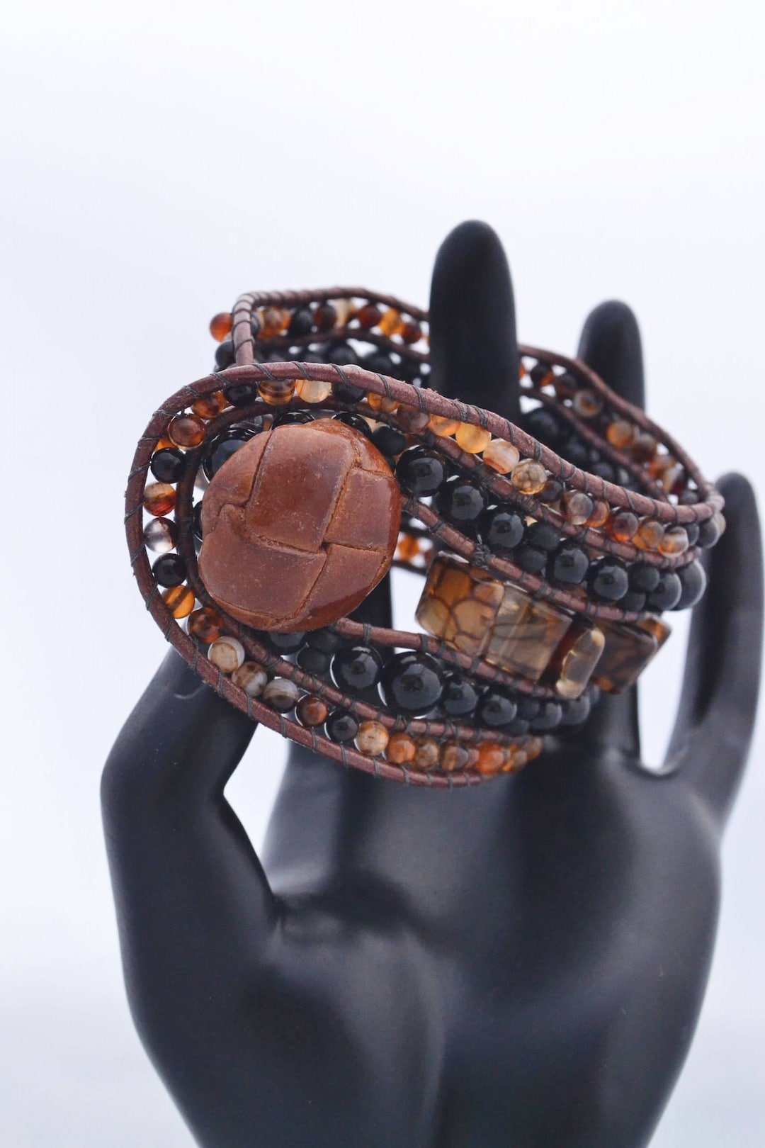 OOAK Handmade Boho Leather Wrap Statement Cuff Moss Agate, Black Onyx ...