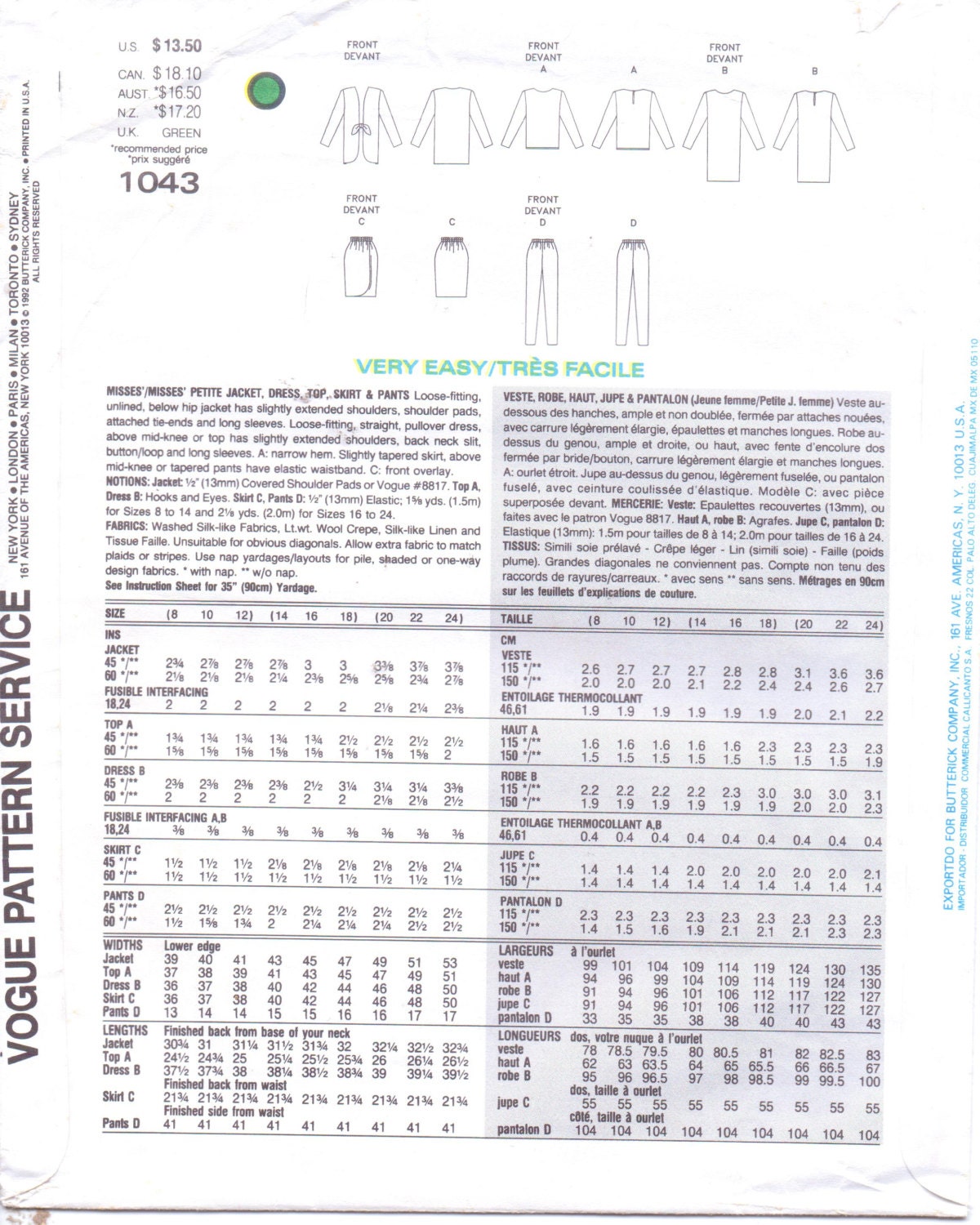 90s Tie Front Jacket, Dress or Top, Skirt & Pants Vogue Sewing Pattern ...
