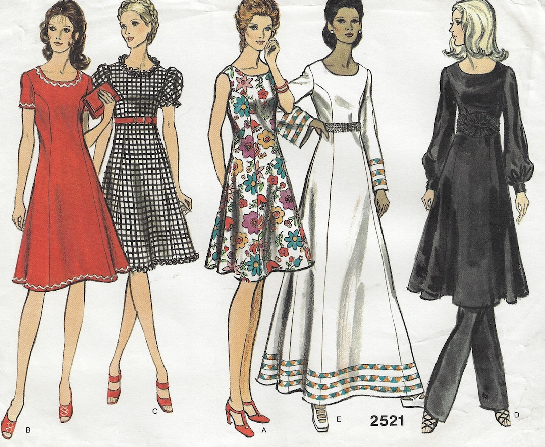 1970s Womens Princess Seam Dress With Variations and Pants Vogue Sewing ...